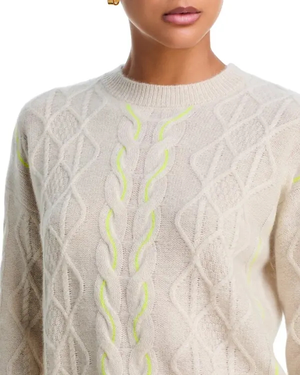 Aqua 100% Cashmere Crewneck Cable Knit Sweater Exclusive - Oatmeal/yellow