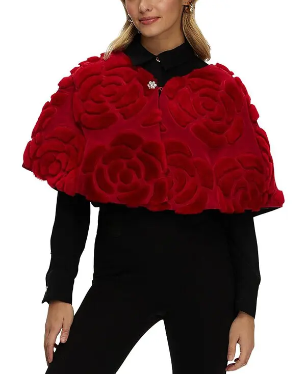 Gorski Select Shearling Lamb And Suede Floral Embroidered Stole Reversible To Wool And Cashmere Crafted Loro Piana - Red/black