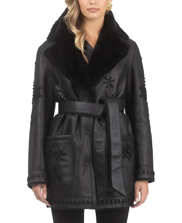 Gorski Merino Shearling Lamb Jacket With Embroidery And Belt - Black