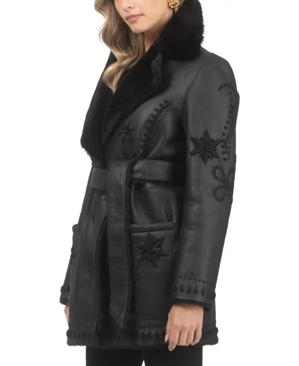 Gorski Merino Shearling Lamb Jacket With Embroidery And Belt - Black