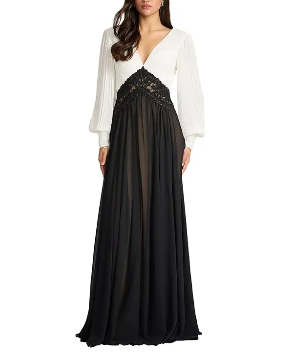 Tadashi Shoji Benulo Pleated Embroidered Waist Gown - Ivory/black