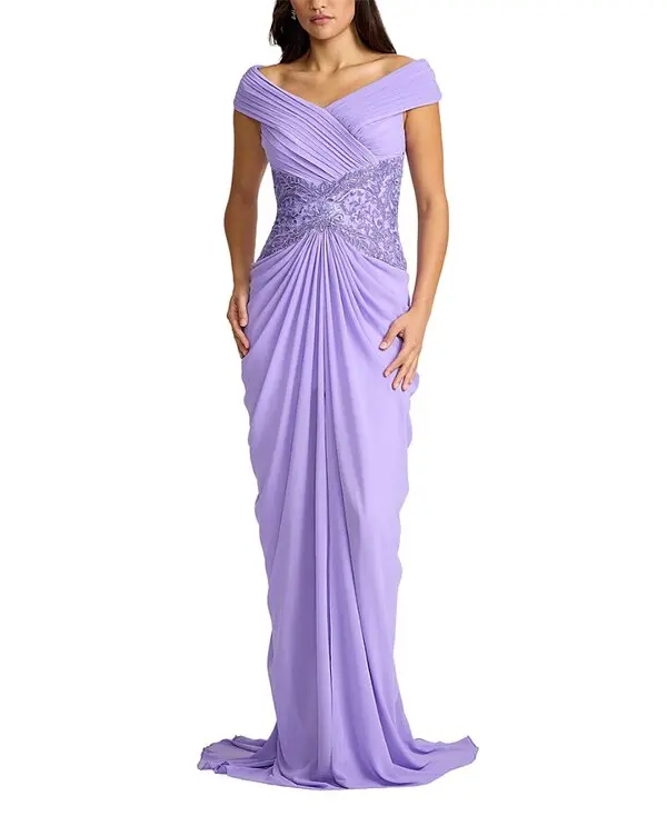 Tadashi Shoji Mihaley Embroidered Waist Draped Gown - Lavender Mist