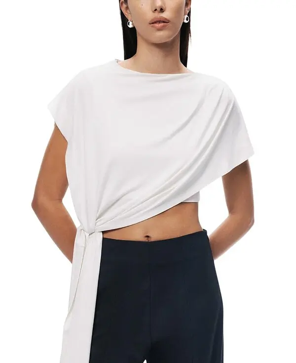 NOCTURNE Asymmetric Tie-front Crop Top - Open White