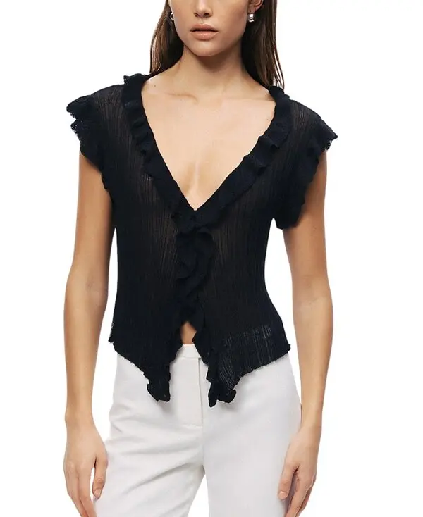 NOCTURNE Ruffled V-neck Sheer Blouse - Black