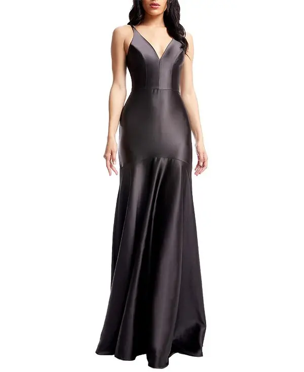 Dress The Population Shirley V-neck Spaghetti Strap Satin Mermaid Gown - Mocha