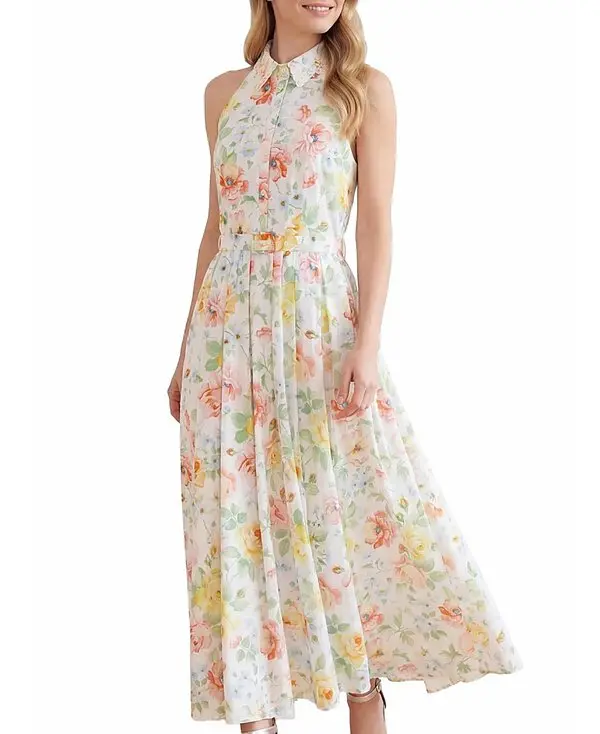 NEEDLE & THREAD Sienna Rose Cotton Halter Maxi Gown - Optic White