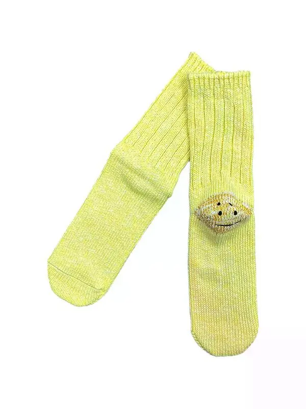 Kapital Ribbed Knit Socks With Happy Heel Motif - Yellow