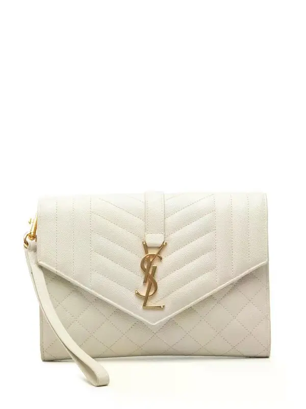 Saint Laurent 2020 Grain De Poudre Triquilt Monogram Envelope Clutch Bag - White