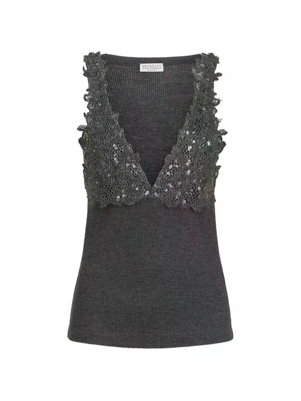 Brunello Cucinelli Ribbed Wool Jersey Top With Dazzling Lace Embroidery - Grey