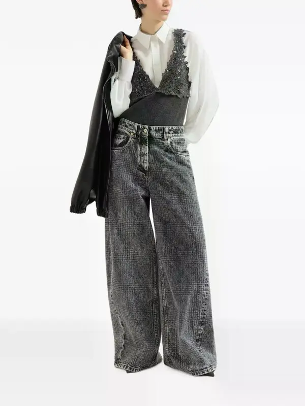 Brunello Cucinelli Ribbed Wool Jersey Top With Dazzling Lace Embroidery