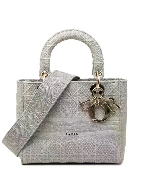 Dior 2020 Medium Embroidered Canvas Cannage Lady D Lite Satchel - Grey