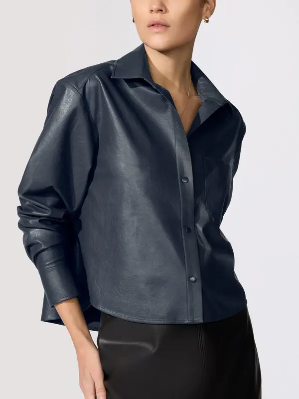 Brochu Walker Cropped Vegan Leather Shirt With Enamel Snaps - Admiral