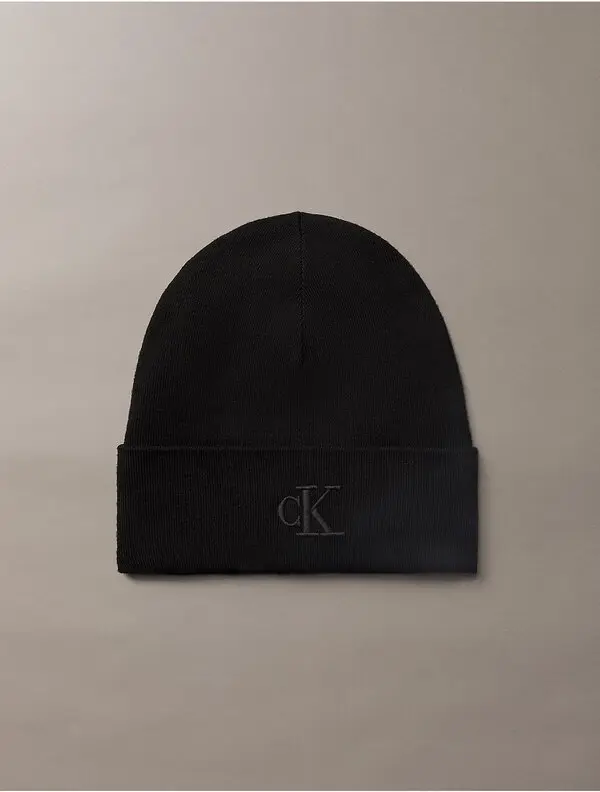 Calvin Klein Monogram Embroidery Fine Rib Beanie - Black