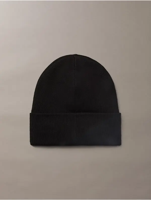 Calvin Klein Monogram Embroidery Fine Rib Beanie - Black