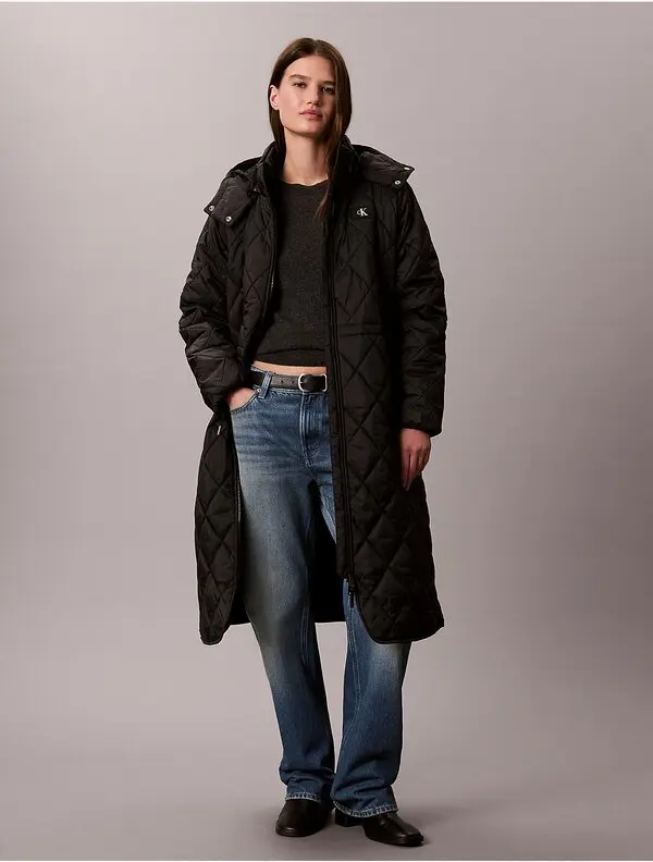 Calvin Klein Quilted Hooded Long Liner Coat - Black