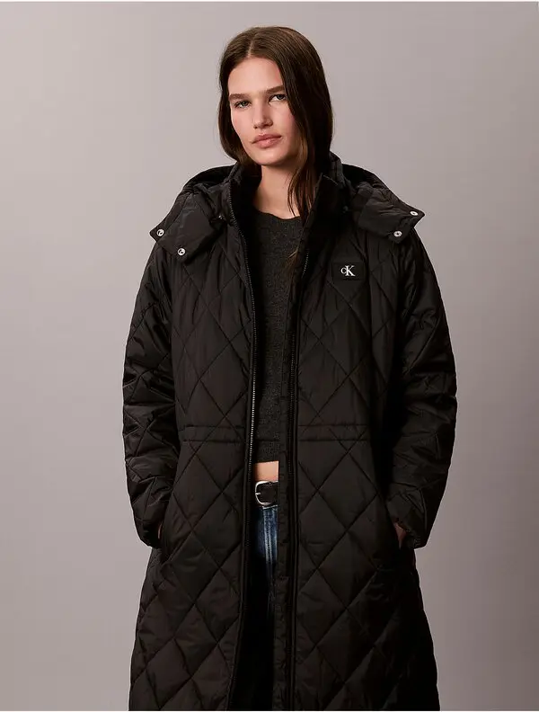 Calvin Klein Quilted Hooded Long Liner Coat - Black