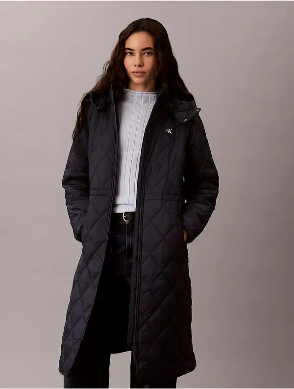 Calvin Klein Quilted Hooded Long Liner Coat - Blue Nights