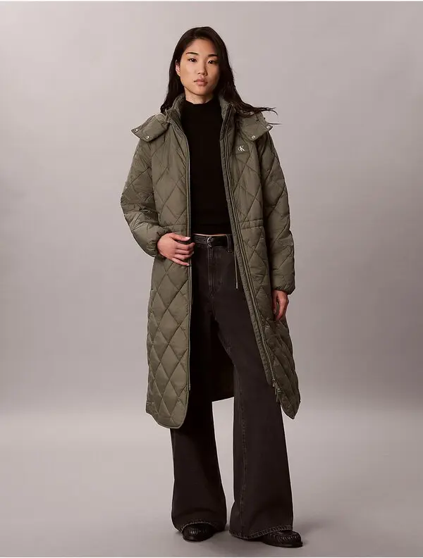 Calvin Klein Quilted Hooded Long Liner Coat - Dusty Olive