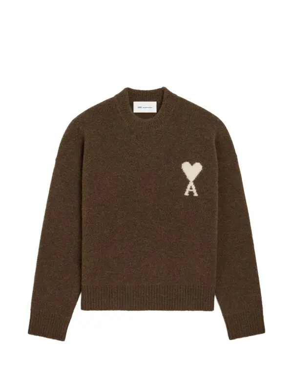 AMI Paris De Coeur Wool Crewneck Sweater - Brown