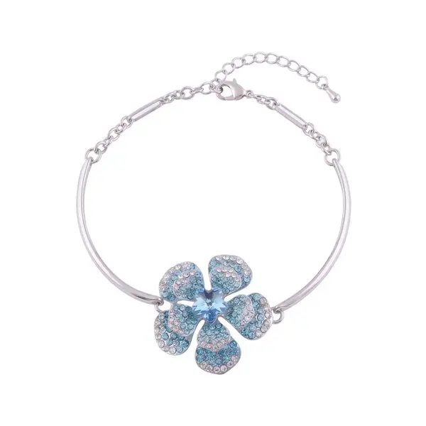 MODENAIRE Silver Tone Crystal Flower Blossom Bracelet - Blue