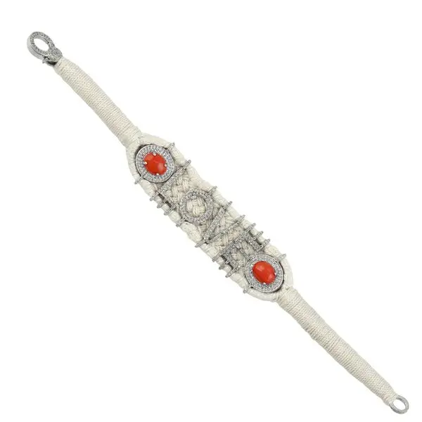 ARTISAN 925 Sterling Silver Red Coral & Diamond Love Macramé Bracelet