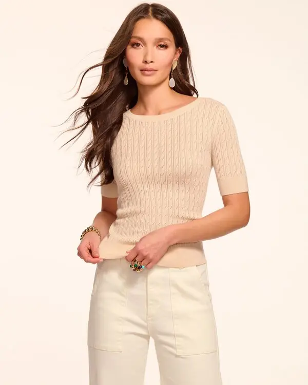Ramy Brook Elliot Pointelle Silk Cashmere Short Sleeve Top - Sandstone