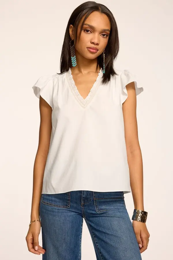 Ramy Brook Blake Cotton Poplin Flutter Sleeve Blouse - White