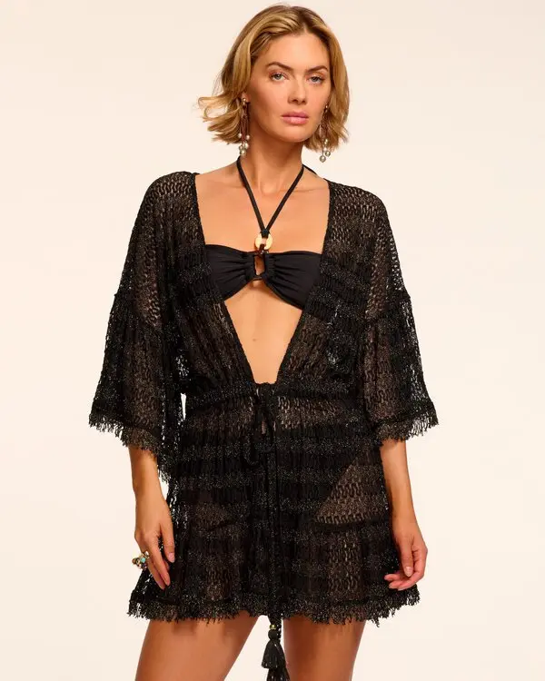 Ramy Brook Jewel Lurex Swirl Coverup Mini Dress - Black Zigzag