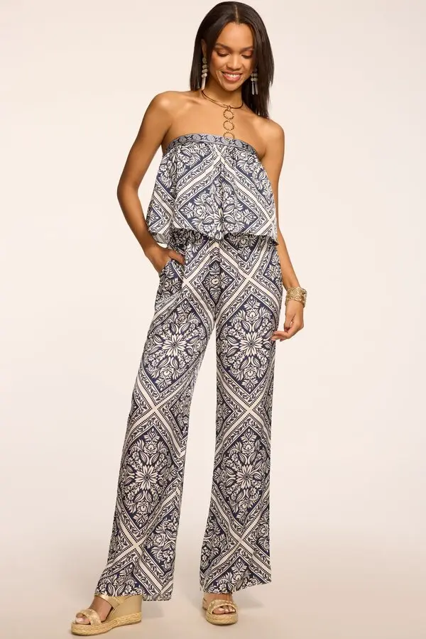 Ramy Brook Thadia Printed Strapless Jumpsuit - Capri Navy