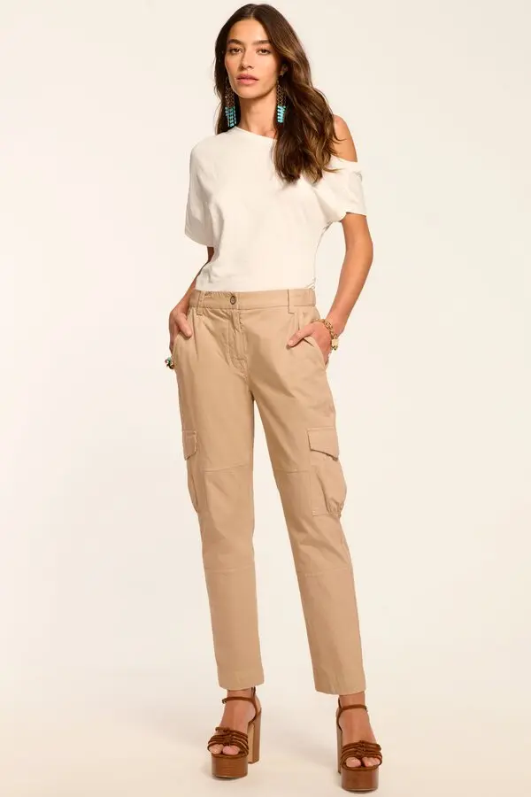 Ramy Brook Isabelle Canvas Ankle Length Cargo Pants With Metallic Trim - Sandstone