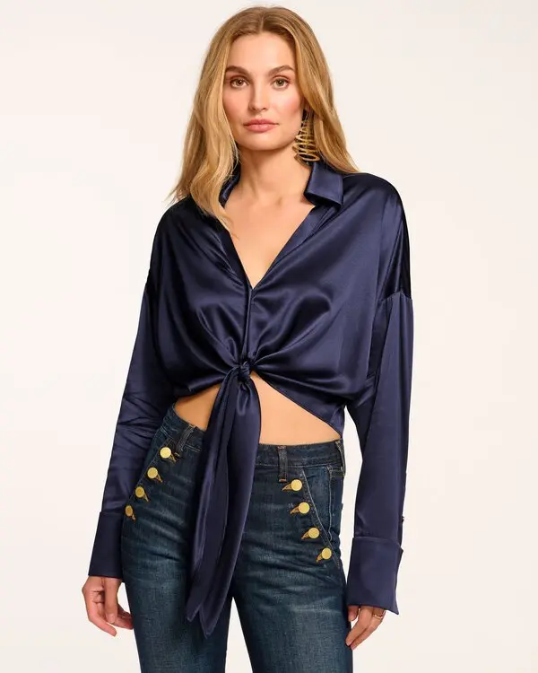Ramy Brook Farrah Silk Tie-front Blouse - Navy
