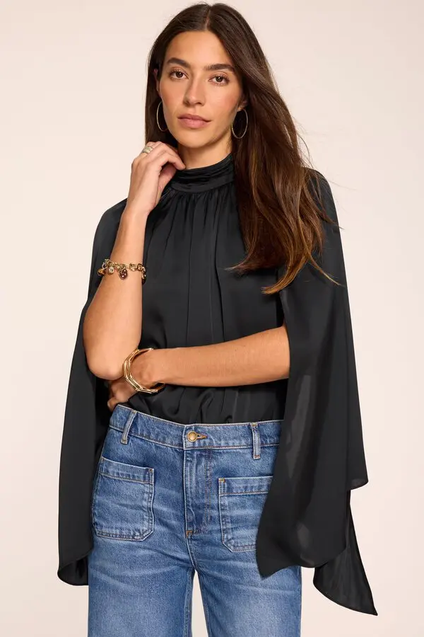 Ramy Brook Howard Cape Long Sleeve Top - Black
