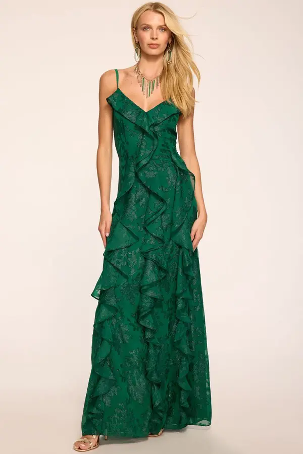 Ramy Brook Penelope Ruffled Jacquard Gown - Emerald Jacquard