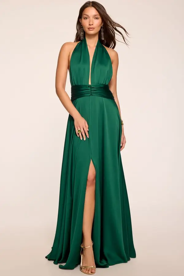 Ramy Brook Jasmine Plunging Halter Gown - Deep Emerald