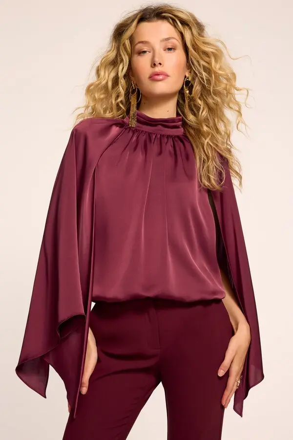 Ramy Brook Howard Cape Long Sleeve Top - Cranberry