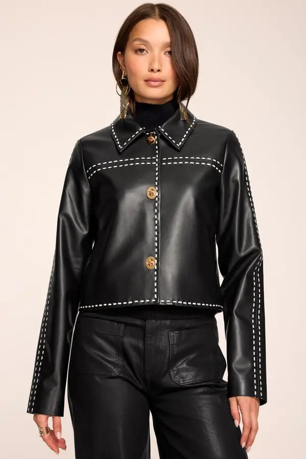Ramy Brook Mira Contrast Stitch Leather Jacket - Black