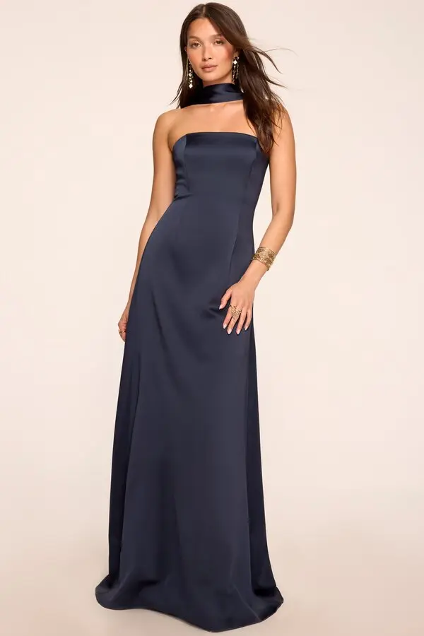 Ramy Brook Karma Scarf Strapless Gown - Navy
