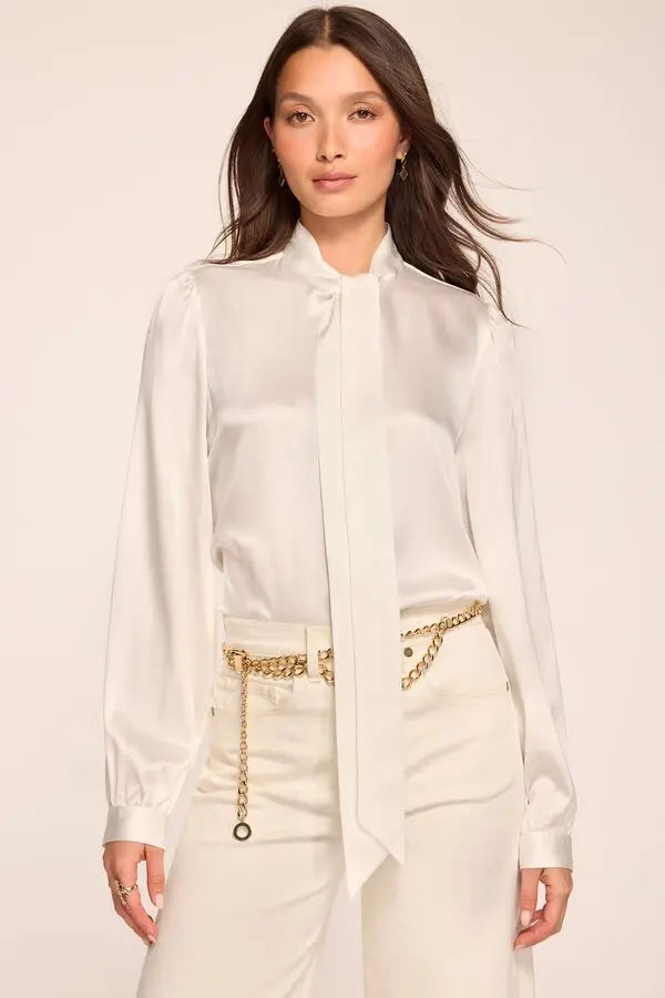 Ramy Brook Theresa Tie Neck Long Sleeve Silk Top - Ivory