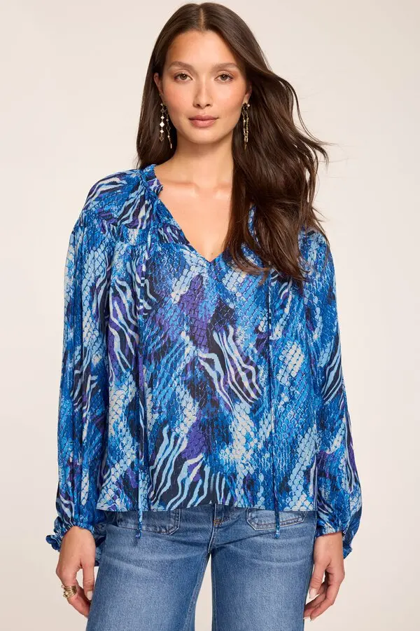 Ramy Brook Cynthia Printed Tie Neck Top Designer - Patchwork Python