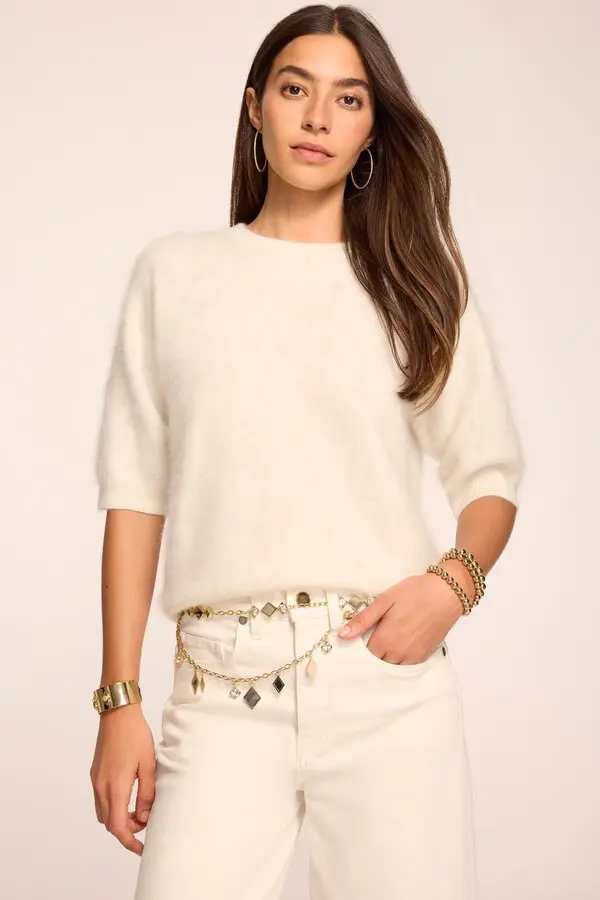 Ramy Brook Dana Luxury Cashmere Short Sleeve Sweater - Ivory