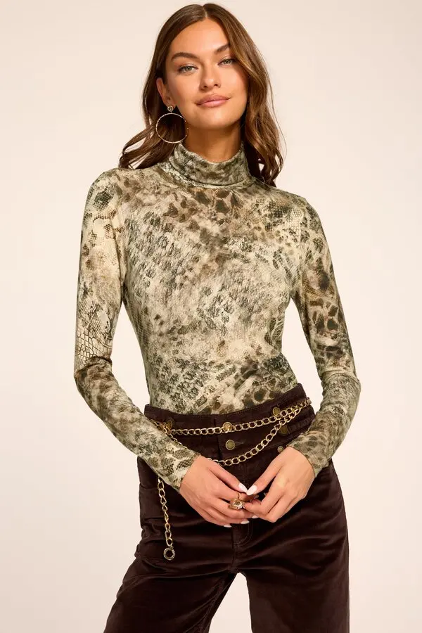 Ramy Brook Thea Printed Knit Turtleneck Top Designer Luxury