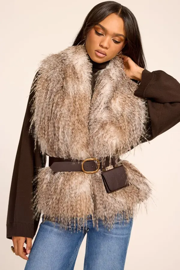 Ramy Brook Sally Designer Faux Fur Belted Vest - Bone Fur