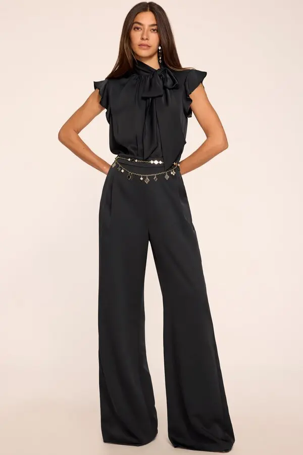 Ramy Brook Irene Tie Neck Short Sleeve Designer Jumpsuit - Black