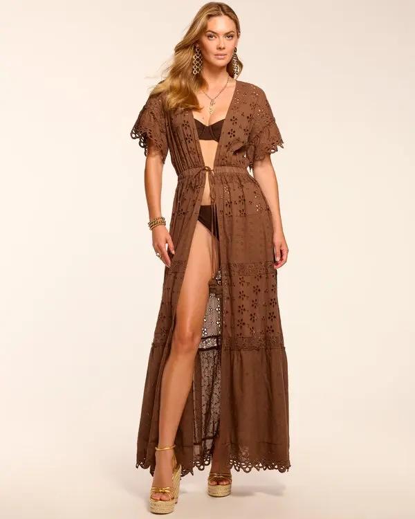 Ramy Brook Janis Cotton Eyelet Tie Front Coverup Maxi Dress - Beach Brown