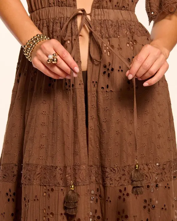 Ramy Brook Janis Cotton Eyelet Tie Front Coverup Maxi Dress - Beach Brown