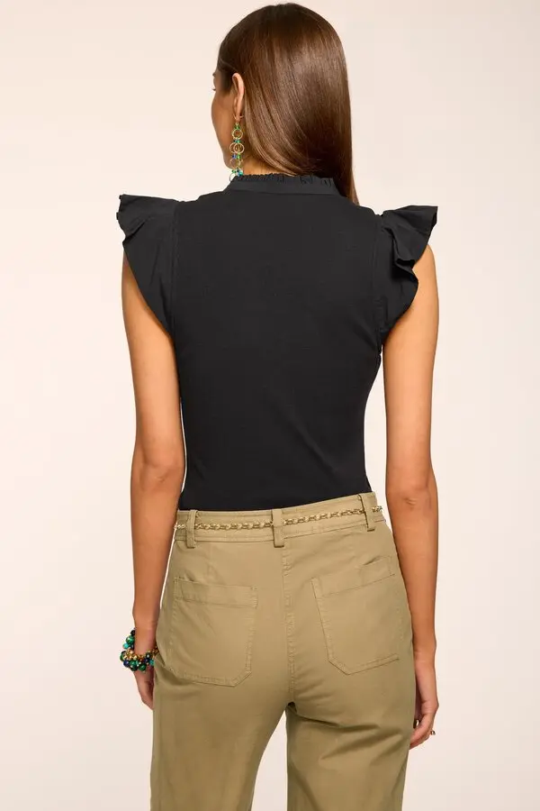 Ramy Brook Monroe Cotton Knit Combo Flutter Sleeve Top