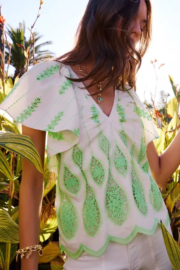 Ramy Brook Bettie Embroidered Short Sleeve Top
