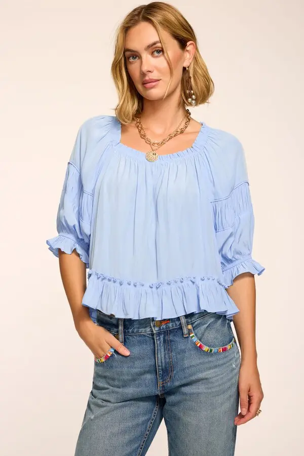 Ramy Brook Natasha Ruched Square Neck Blouse - Bazaar Blue