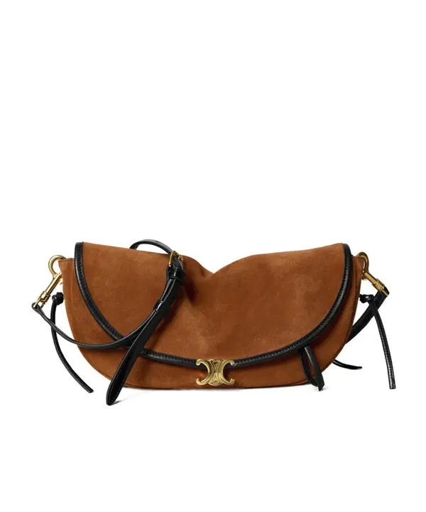 Celine Little Halfmoon Soft Triomphe In Suede Calfskin - Camel/black