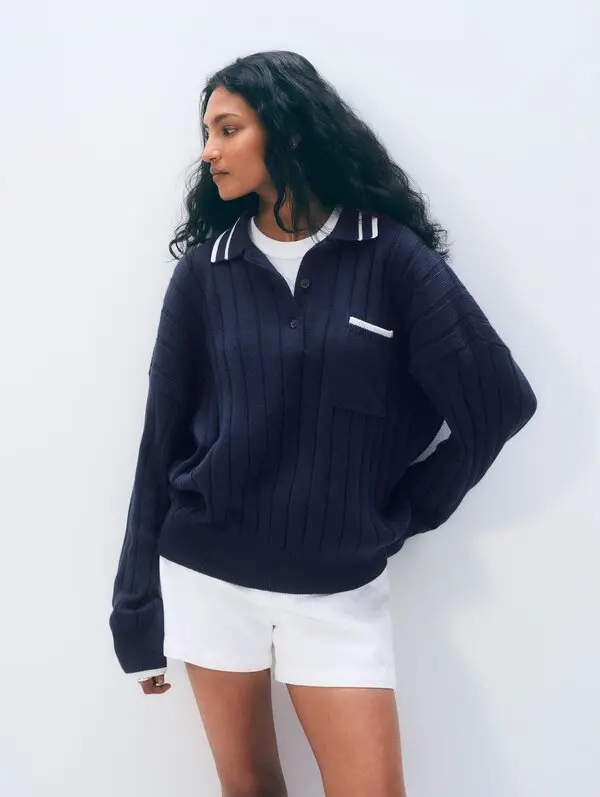 WHITE & WARREN Cotton Cashmere Ribbed Polo Sweater - Navy/ivory